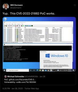 Exploit Code Released for Windows 10 Vulnerability: CVE-2022-21882